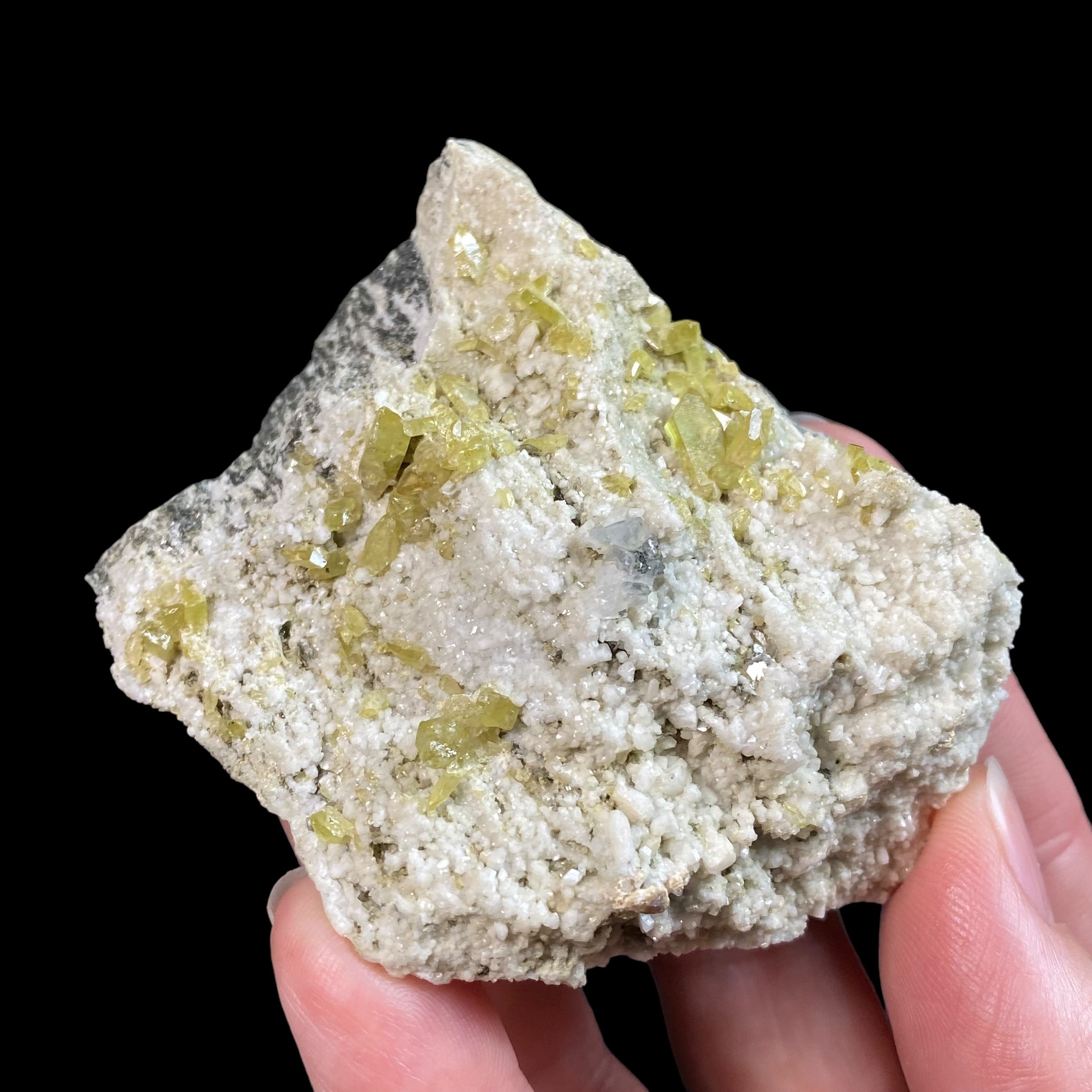 Yellow Colored Titanite Crystals on Albite and Colusite Matrix