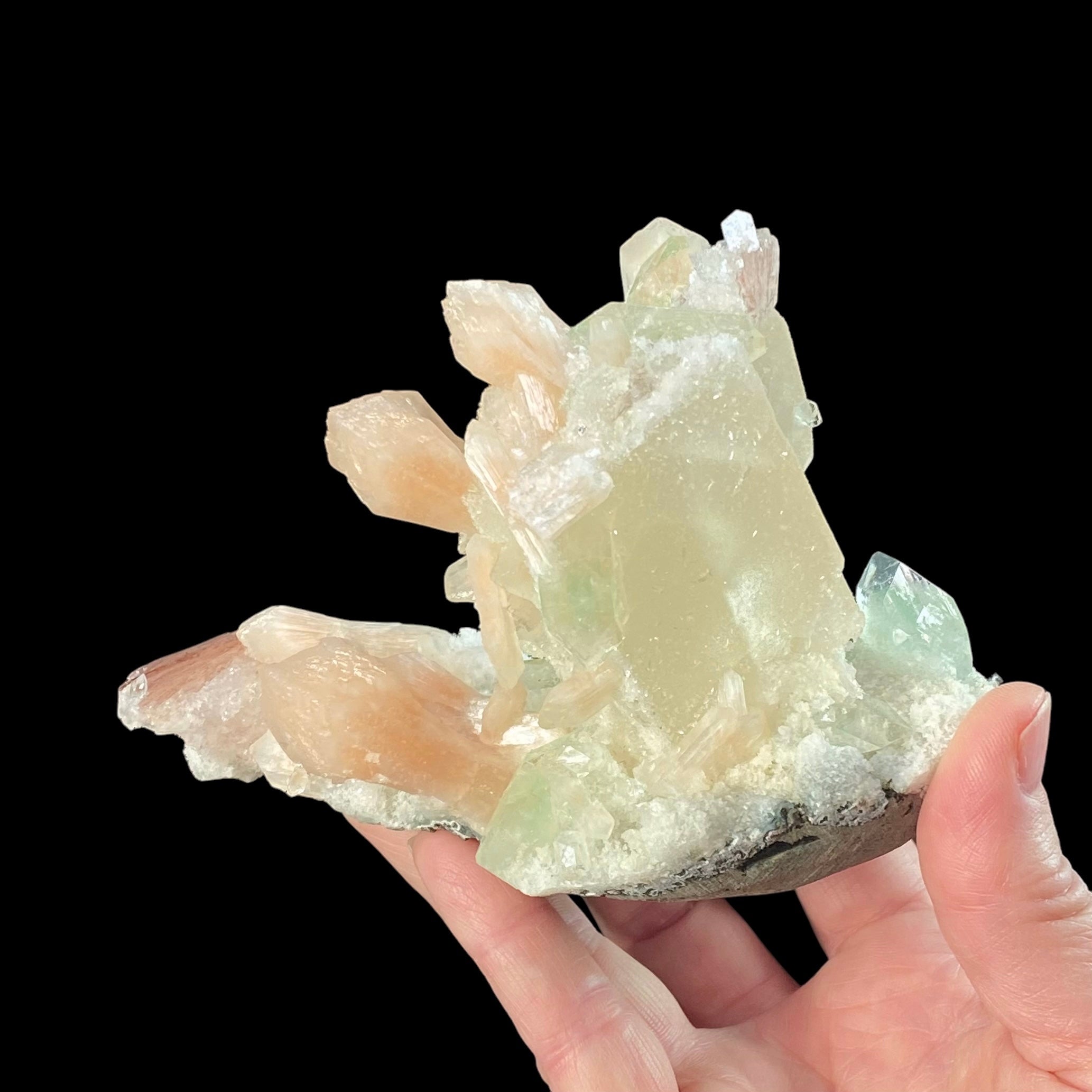 Pale Yellow Rhombic Calcite with Stilbite, Heulandite, Green Apophylli