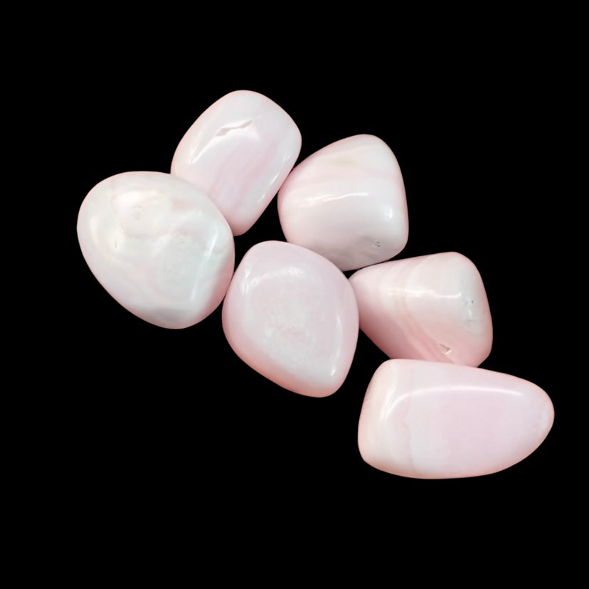 High Grade Light Pink Mangano Calcite Tumbled Stone from Peru, Fluores